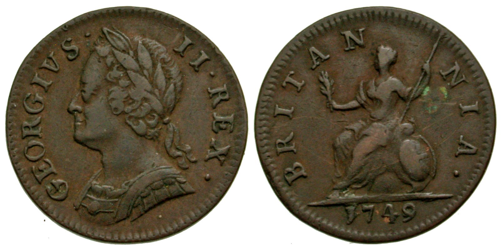British. George II. 1727-1760. AE farthing. Tower mint (London), 1749 ...