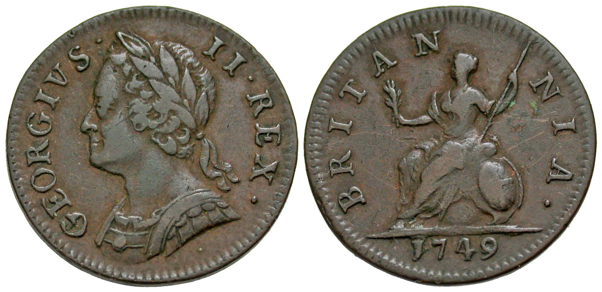 British. George II. 1727-1760. AE farthing. Tower mint (London), 1749 ...