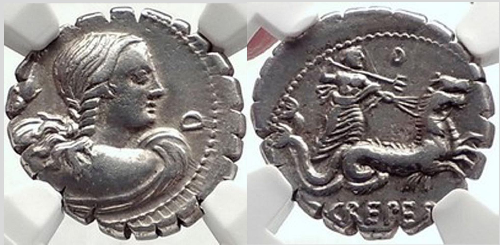 Q. Crepereius M.f. Rocus. 69 B.C. AR serrate denarius. Rome mint. NGC ...