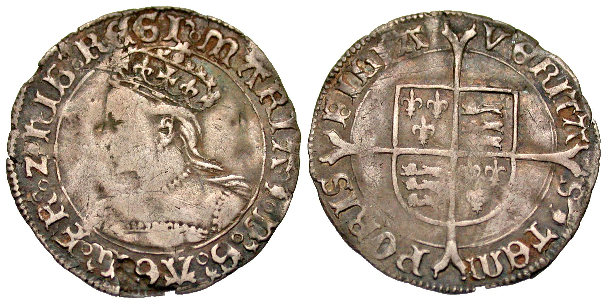 England. Mary I. 1553-1554. AR groat. Pomegranate mint mark, struck ...