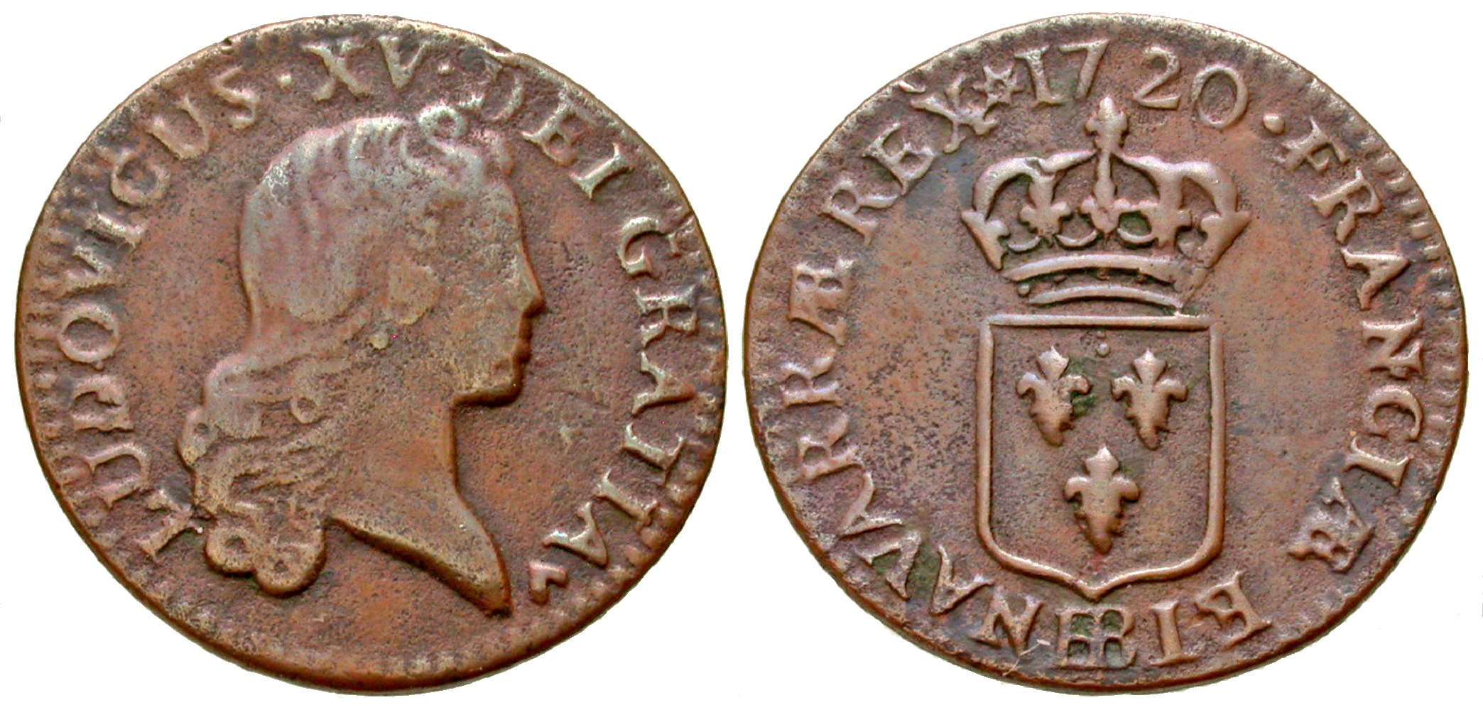 France. Louis XV. 1715-1774. AE liard. Youthful bust. Strasbourg mint ...