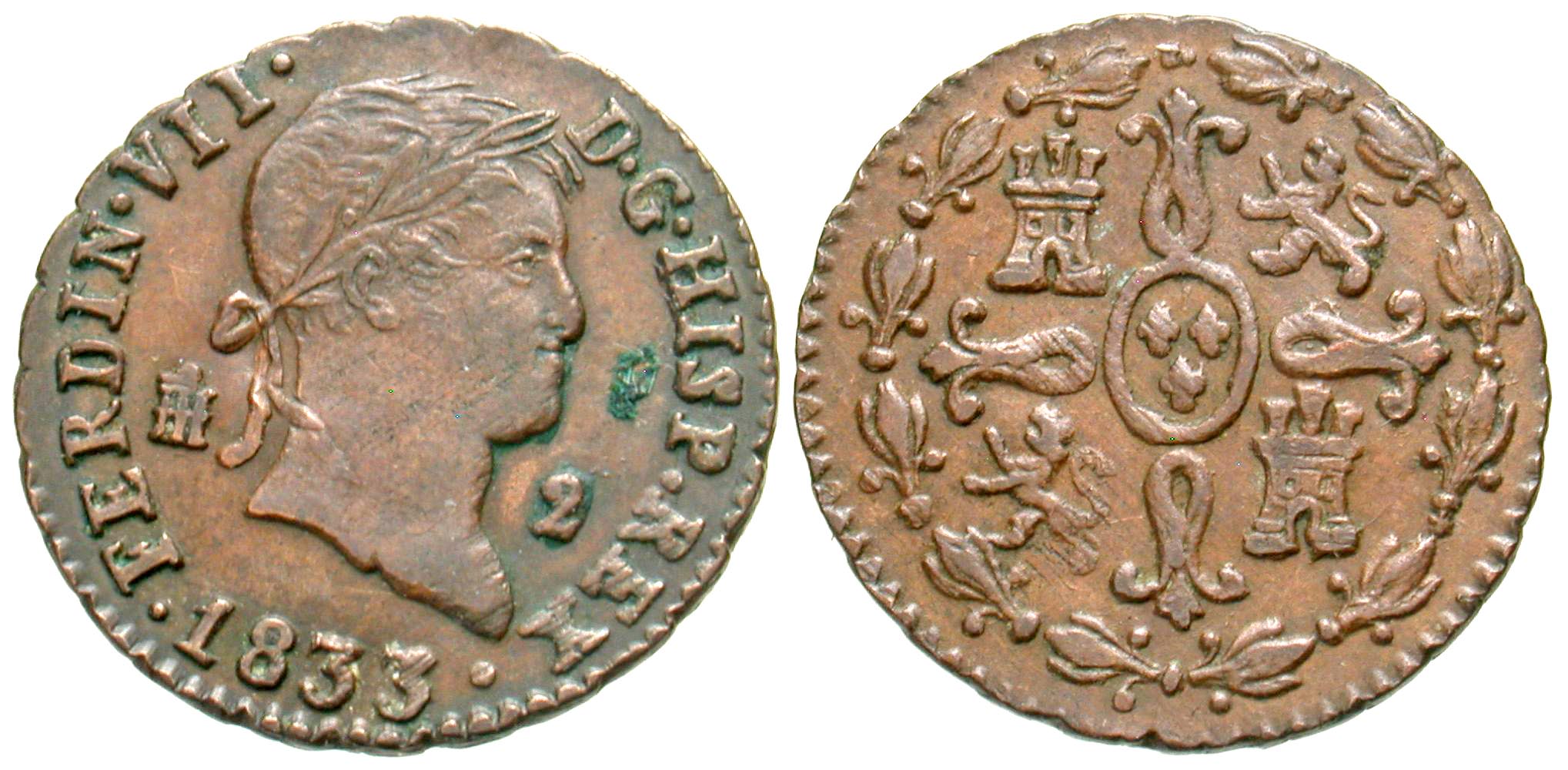 Spain. Ferdinand VII. 1808-1833. AE 21 / 2 maravedi. Segovia mint ...