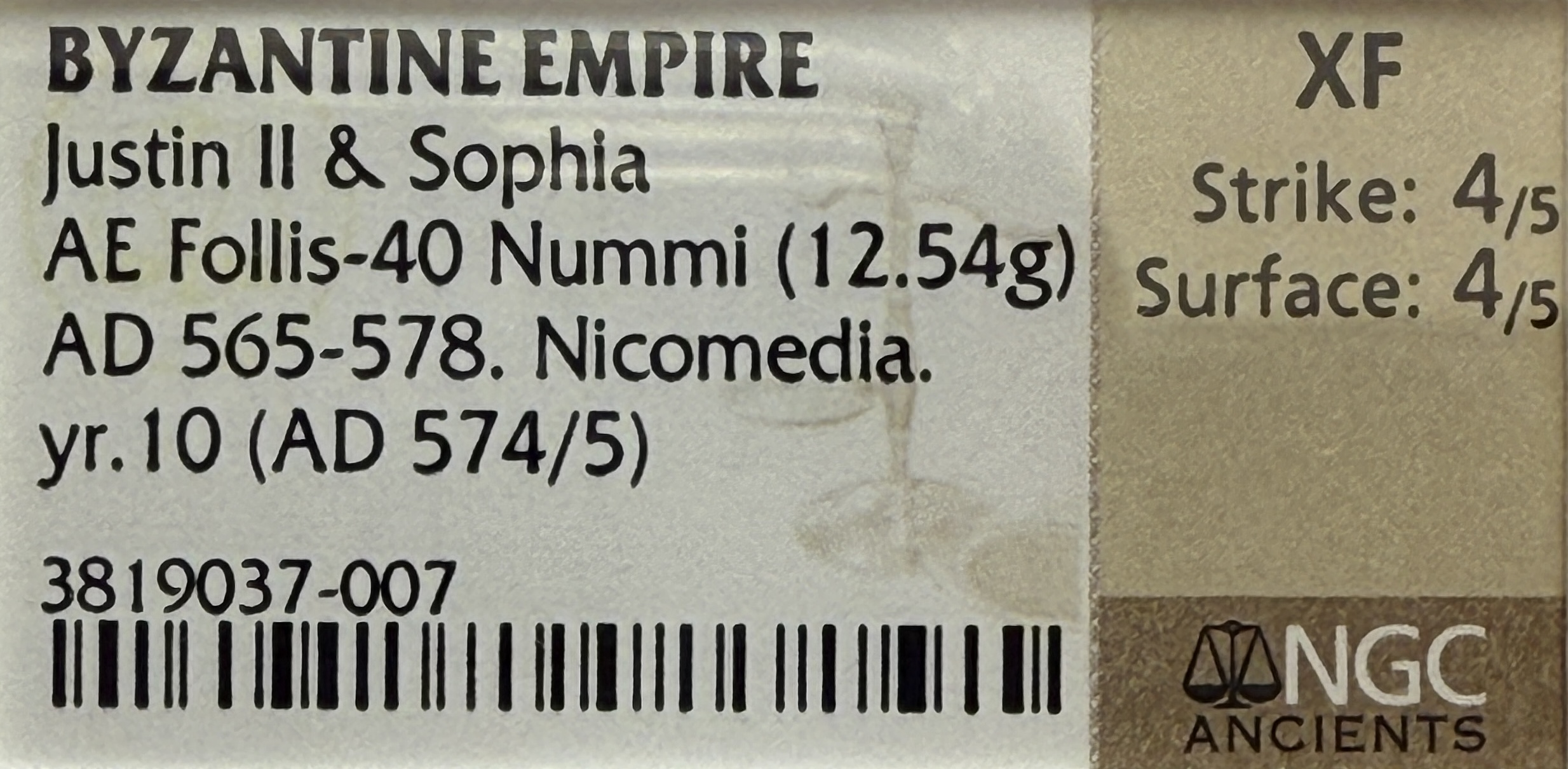Justin II. 565-578. AE follis. Nicomedia mint, Struck 574/5. NGC ...