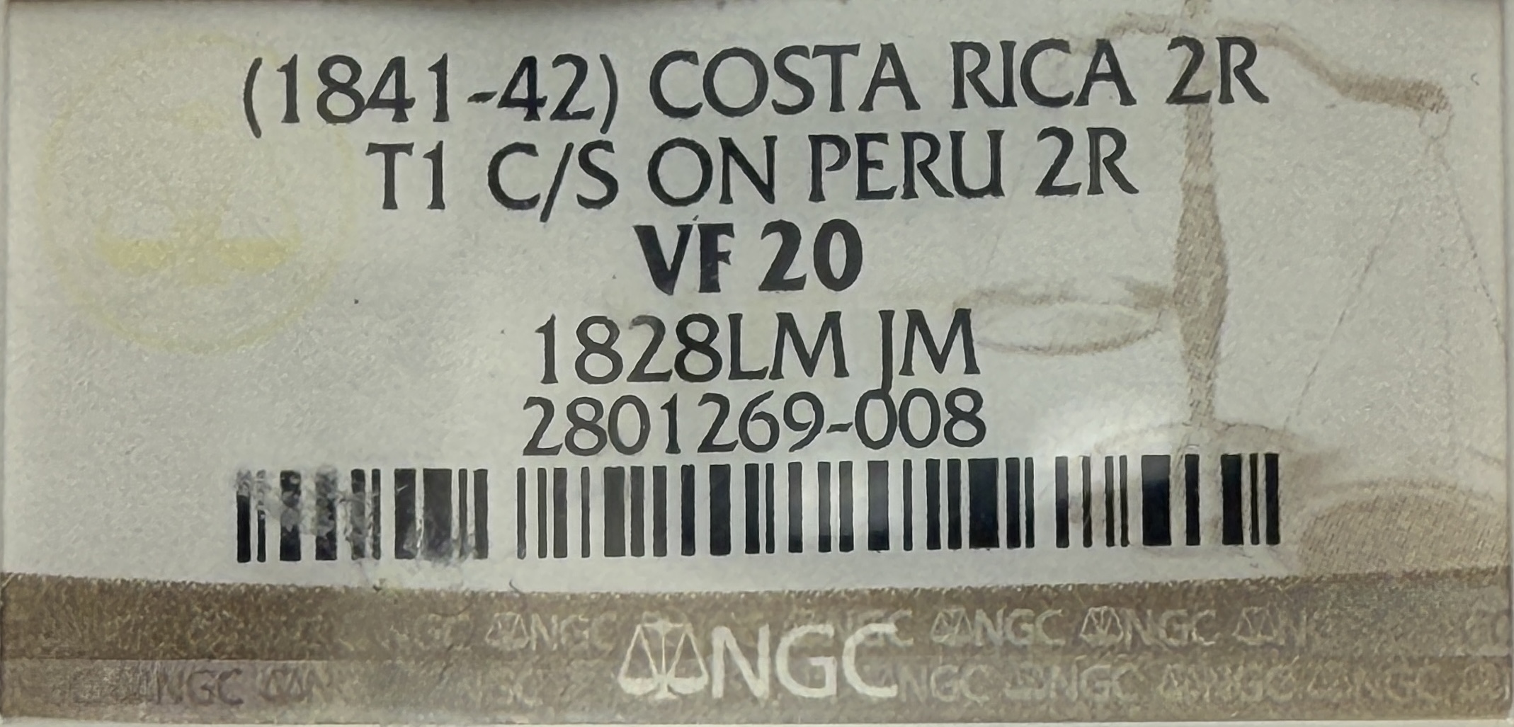 Costa Rica. 2 reales. T1 c/s on 2 reales. 1841-42. NGC certified VF20 ...
